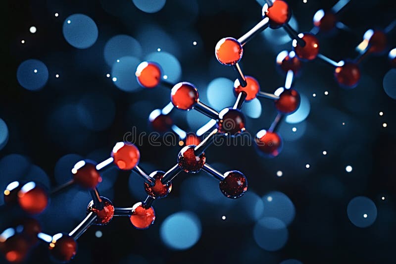 Red Molecule Structure Floating in a Dark Blue Science Background Stock ...