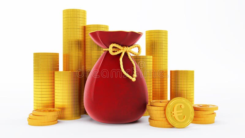 Red Money Bag and Stacking Golds Coin, Euro Coins Stock Illustration ...
