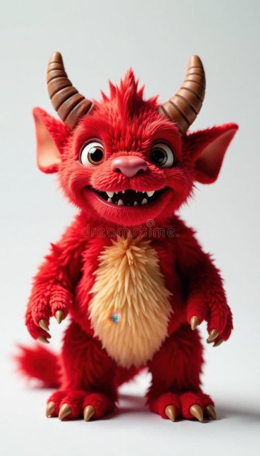 Red Monster Toy with Horns, Textured Fur White Backdrop , Toy, Soft ...
