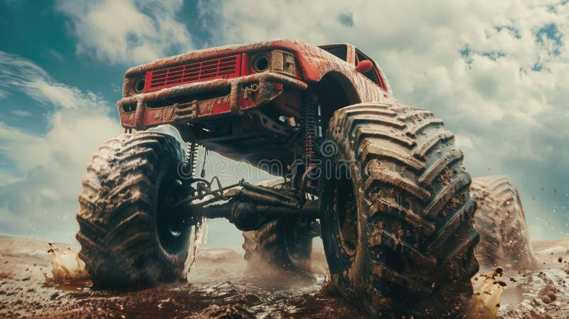 A Red Monster Truck Drives through a Muddy Field Stock Photo - Image of ...