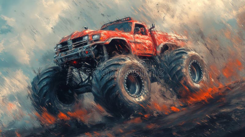 Red Monster Truck Racing through Dirt and Flames Stock Illustration ...