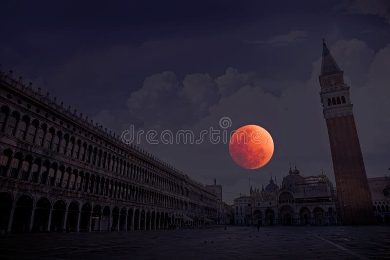 Red Moon in Blue Hour Over Venice Italy. Stock Image - Image of ...
