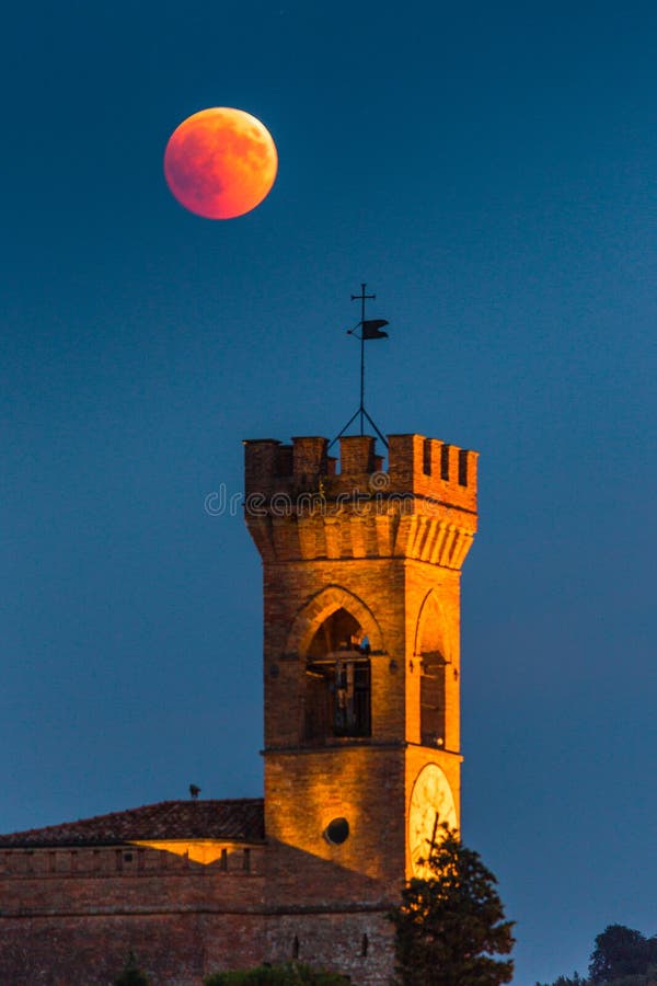 Red Moon Eclipse on Clock Tower Stock Image - Image of lunar, tower ...