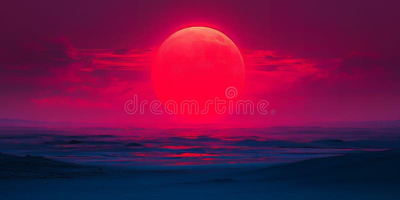 Red moon over a dark ocean stock illustration. Illustration of abstract ...