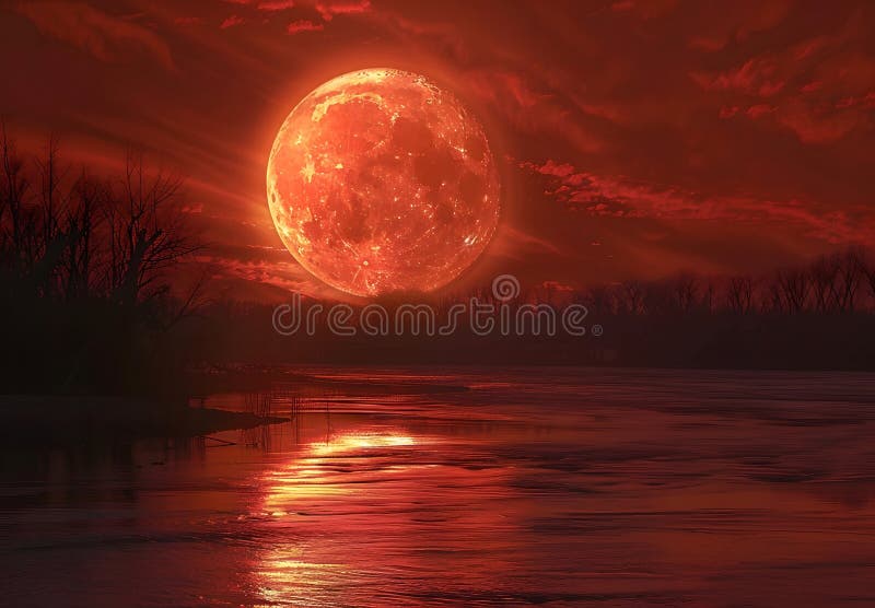 Red Moon Over River, Hyperrealistic Photography Stock Illustration ...
