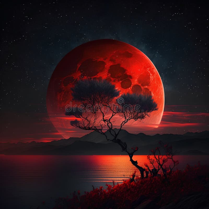 Red Moon Over the Sea and a Tree on a Hillside. Stock Illustration ...