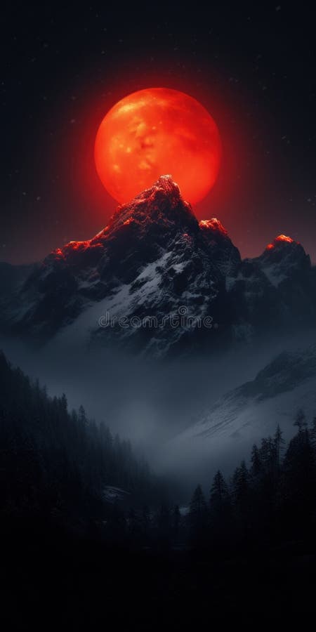 Red Moon Over Snowy Mountain Pass Landscape Stock Illustration ...