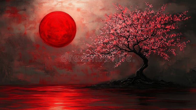 Red Moon and Pink Cherry Blossom Tree at Sunset Stock Illustration ...