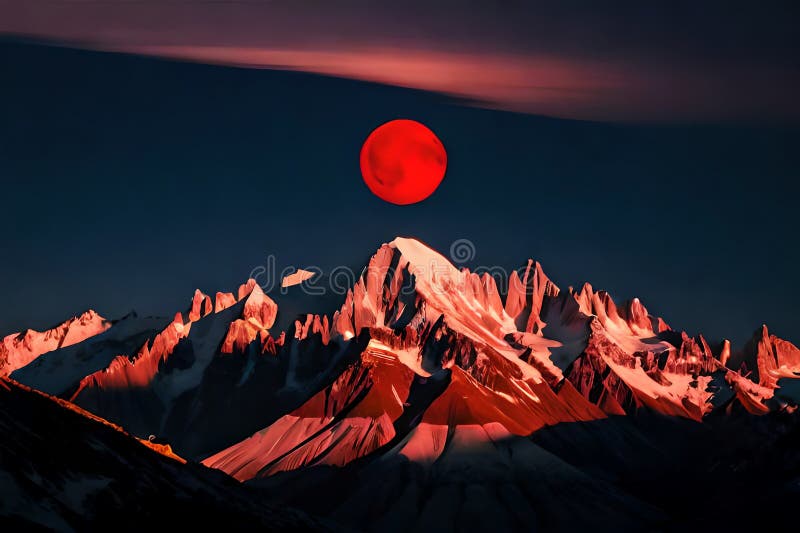 A Red Moon Rising Over a Mountain with a Red Sky. Generative AI Stock ...