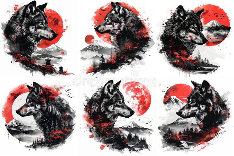 Red Moon Scenery. Pack of Japanese Wolves in Nocturnal Harmony Stock ...