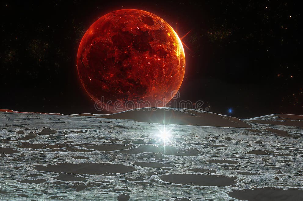 A Red Moon in Space with the Sun Behind it. in Front of the Moon is a ...