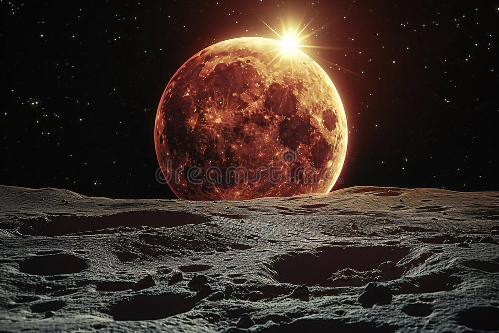 A Red Moon in Space with the Sun Behind it. in Front of the Moon is a ...