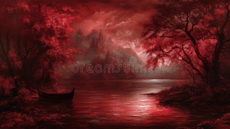Red Moonlit Lake in a Dark Forest Stock Illustration - Illustration of ...