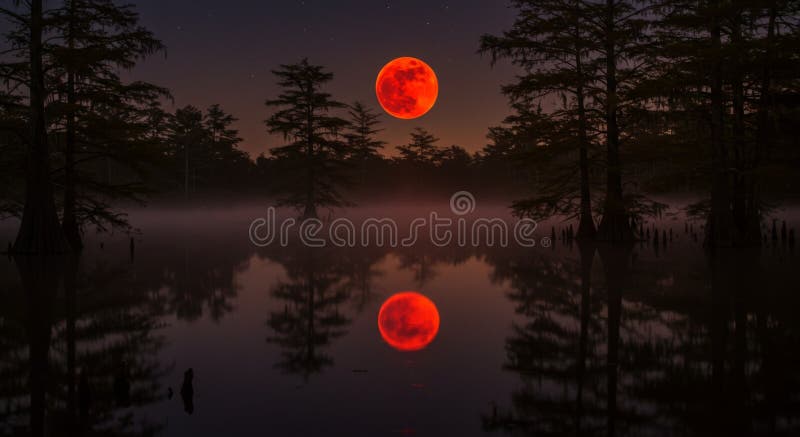Red Moonrise Over Still Swamp Water at Night Stock Illustration ...
