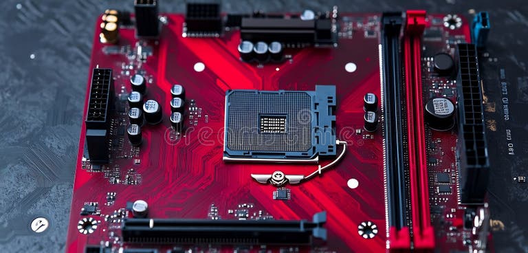 Red Motherboard with CPU Socket Ram Slots Computer Hardware Electronic ...