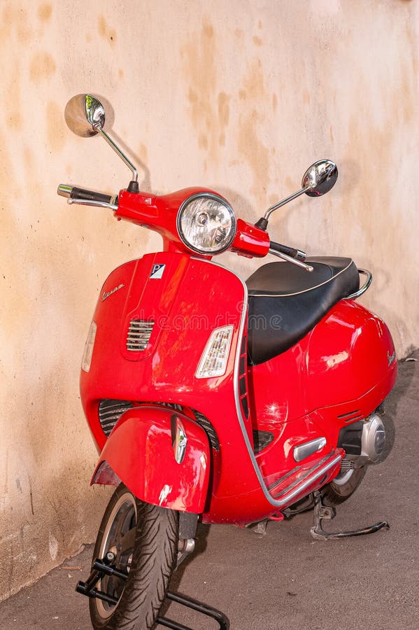 Parked, Red Motor Scooter, in Italy Editorial Photo - Image of concrete ...