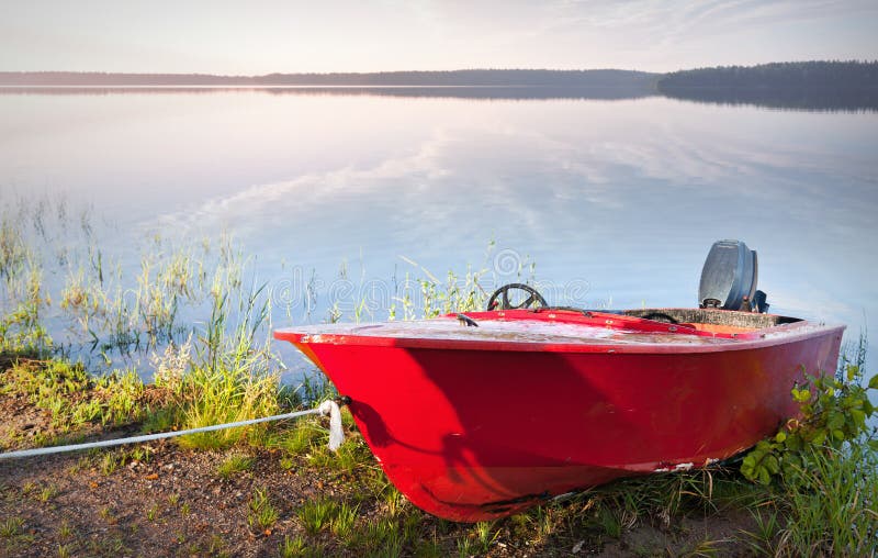 Red Motorboat Moored on the Coast of Saimaa Lake Stock Image - Image of ...