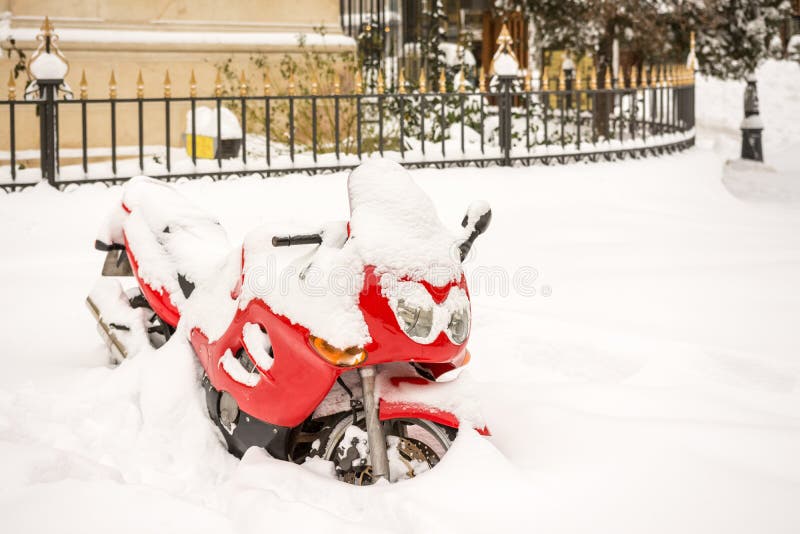 Red Motorcycle Covered Snow Stock Photo - Image of action, snow: 37150286