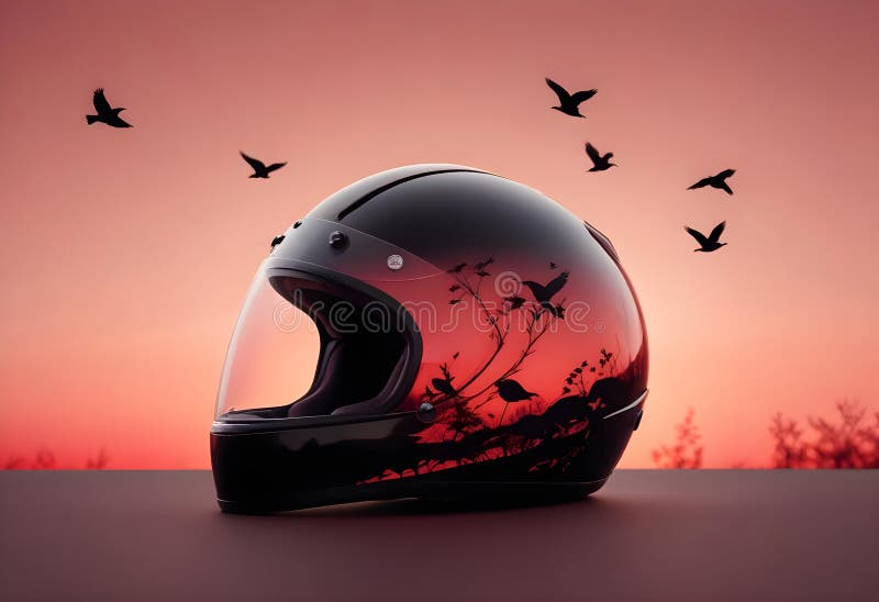 Red Motorcycle Helmet with Tree and Bird Reflections Stock Image ...