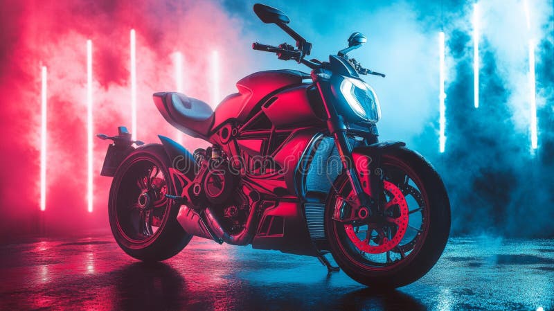 Red Motorcycle Under Neon Lights at Night Stock Illustration ...