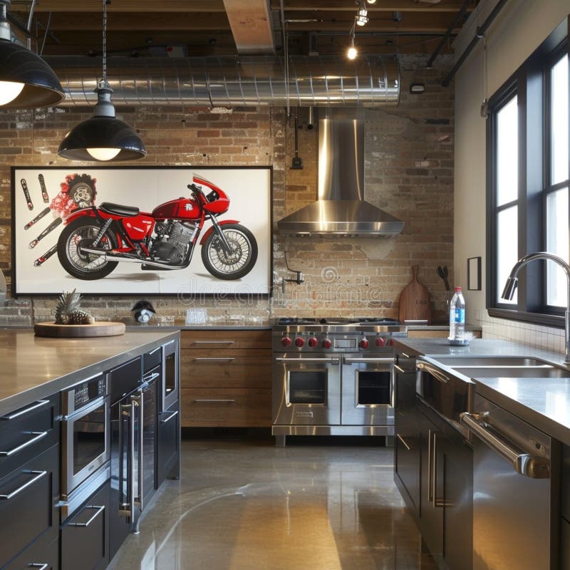 Red Motorcycles in a Vibrant Kitchen Setting Stock Illustration ...