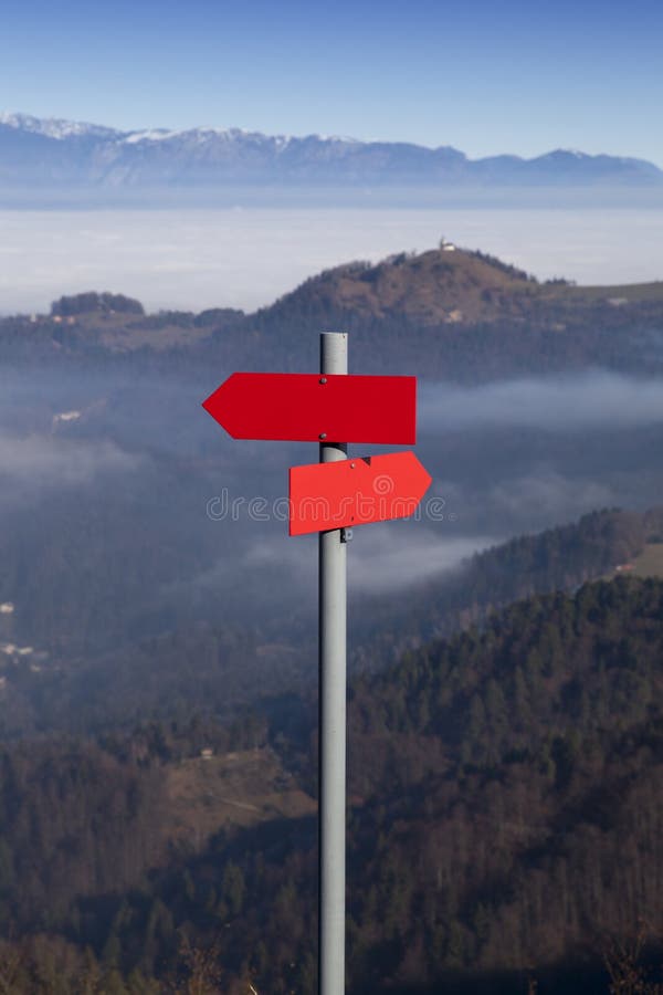 Red Mountain Guidepost Along an Alpine Pathway Stock Photo - Image of ...