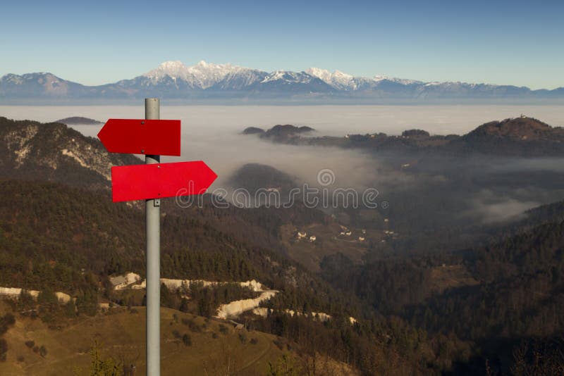 Red Mountain Guidepost Along an Alpine Pathway Stock Photo - Image of ...