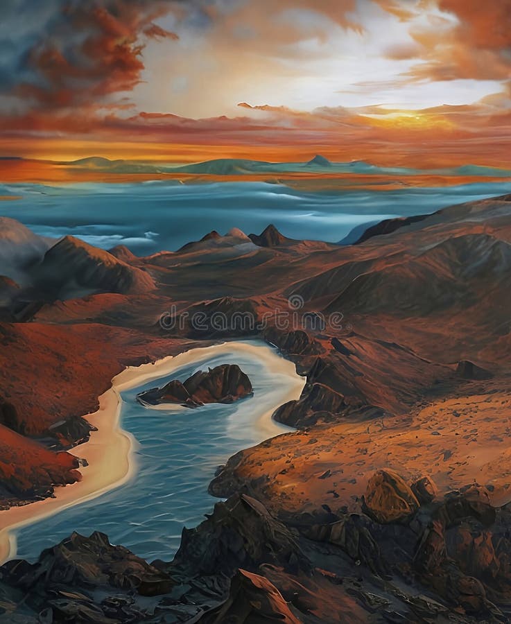 Red, Mountainous Plains with Visible Sea and Clouds Landscape Nature ...