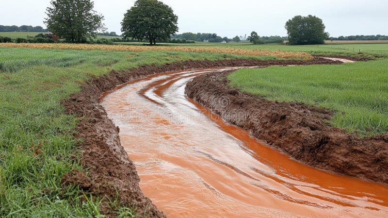 Red Muddy Water Flowing through Farmland Drainage Ditch Stock ...