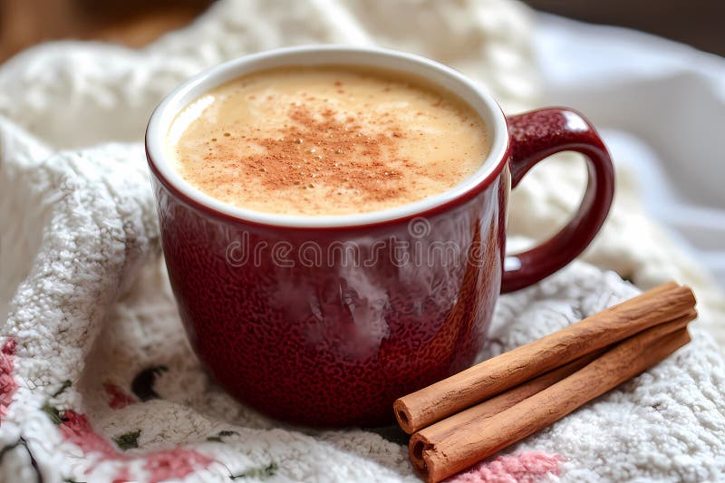 A Red Mug of Cinnamon-flavored Coffee on an Off-white Cloth with Some ...