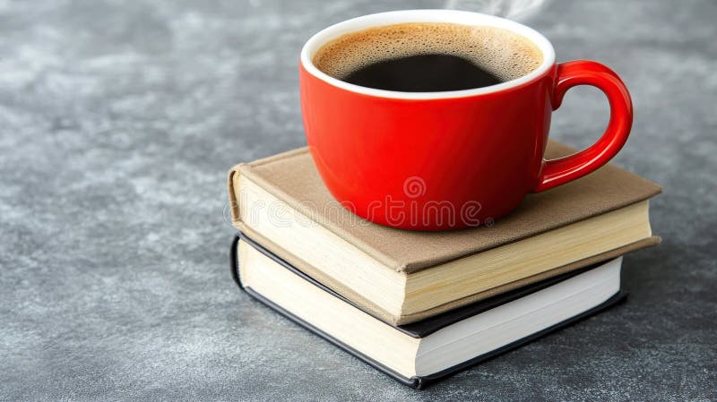 Red Mug Coffee Books Table Steam Morning Study Stock Photo - Image of ...
