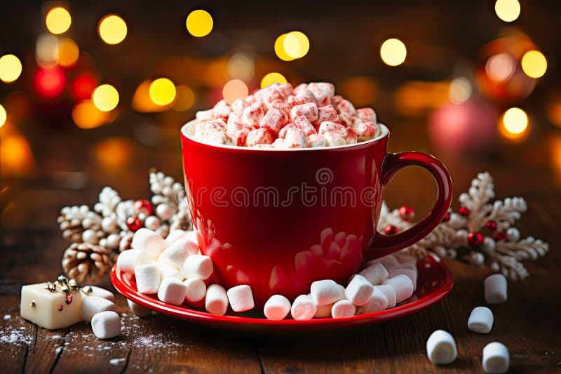 Red Mug with Hot Chocolate with Melted Marshmallow Stock Photo - Image ...