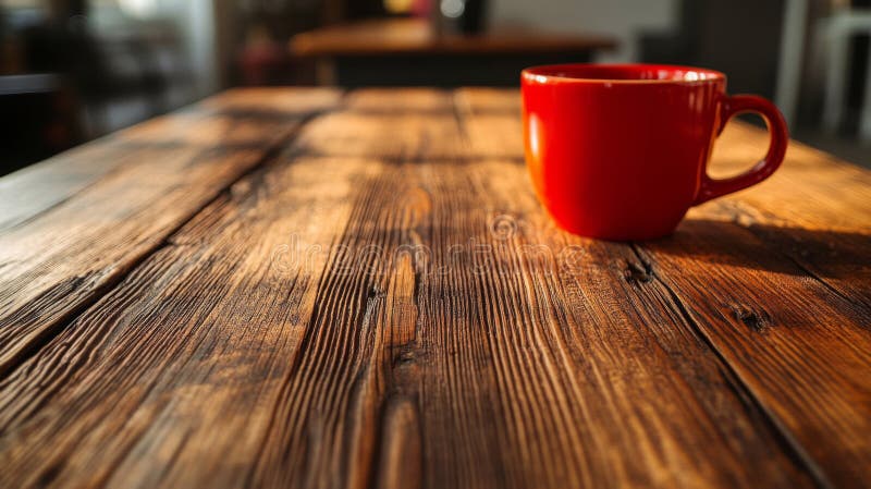 Red Mug on Rustic Wooden Table Surface Stock Illustration - Illustration of grain, style: 365191914