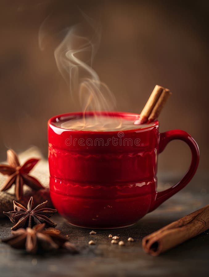 Red Mug of Steaming Coffee with Cinnamon Stick Stock Image - Image of ...