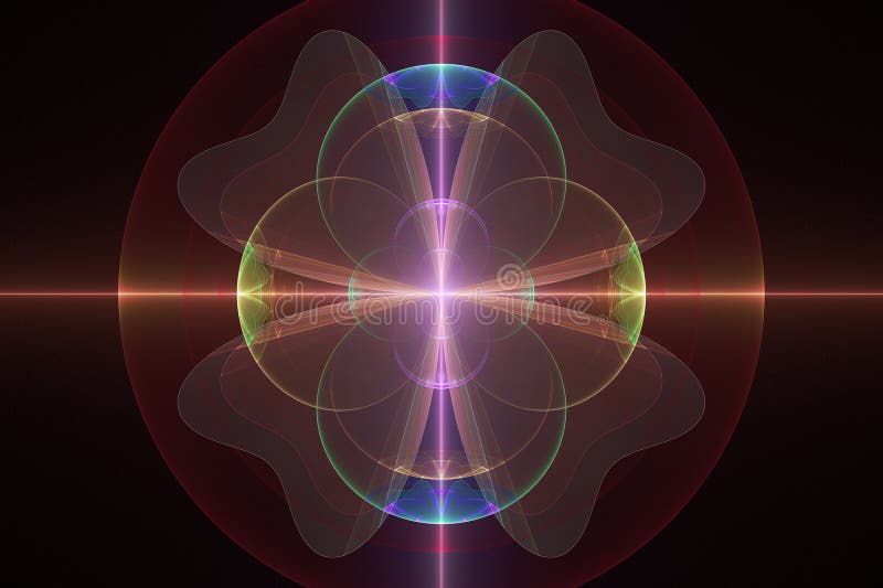 Red Multi-colored Luminous Pattern of Curved Shapes and Rays on a Black ...