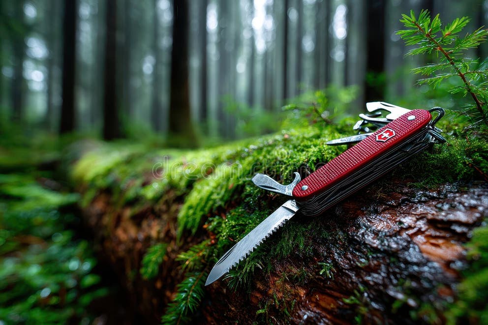 Red Multi-tool Knife Resting on a Mossy Log in a Misty Forest Setting ...