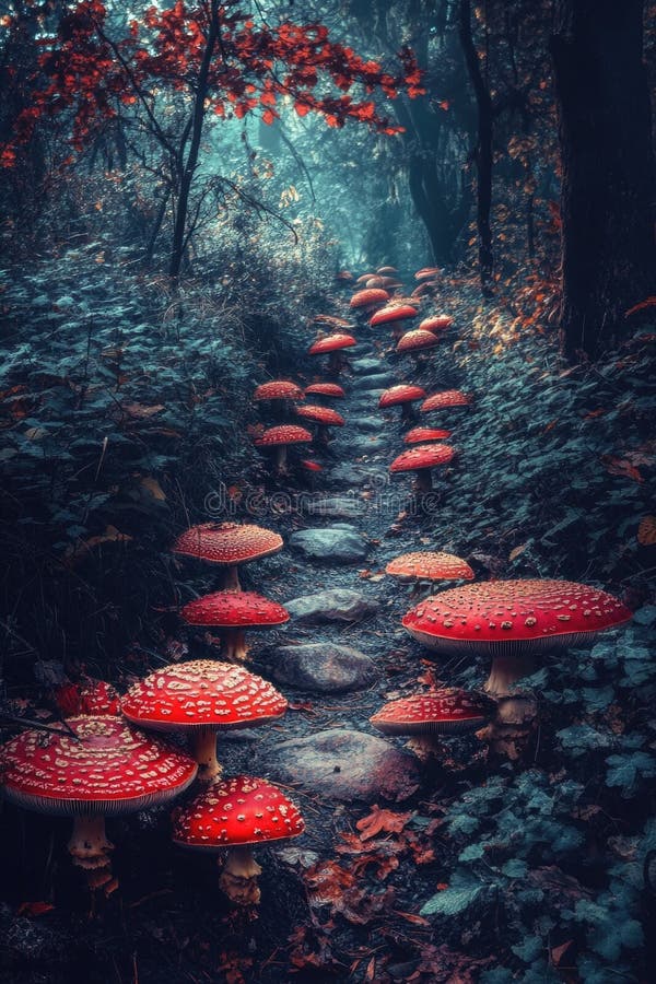 Red Mushrooms Along Forest Path Stock Image - Image of fungi, mushrooms ...