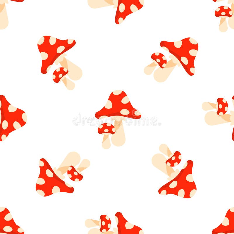 Red Mushrooms with White Dots Growing on White Background Seamless ...