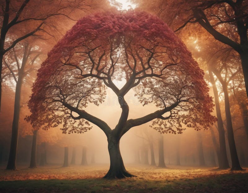 Red Mystical Tree in Autumn Misty Forest Stock Illustration ...