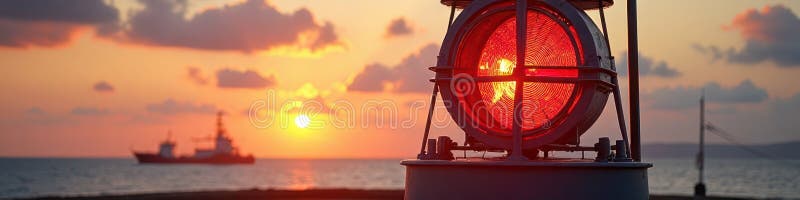 Red Navigation Light at Sunset with Ship in the Distance Stock Image ...
