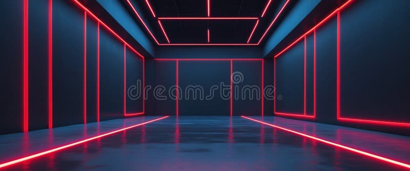 Red Neon Accent Lines in a Dark Room with a Sleek Floor. Stock Image ...