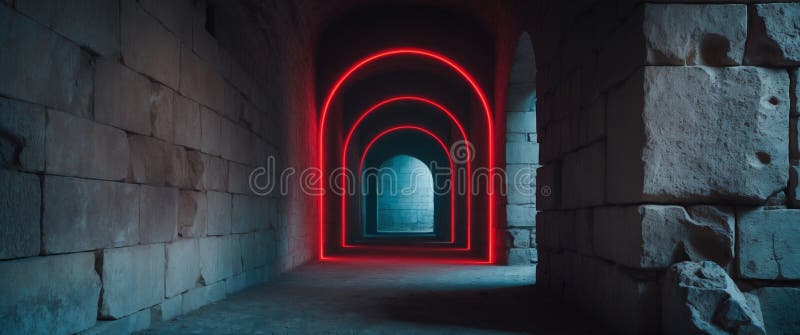 Red Neon Archway in Ancient Stone Hallway. Stock Image - Image of ...