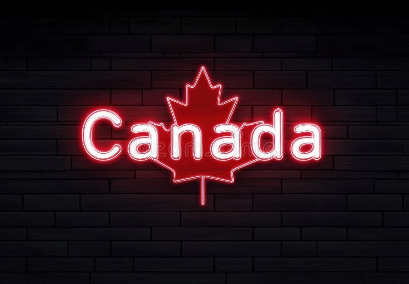 Red Neon Canada Sign with Maple Leaf on Brick Wall Stock Illustration ...