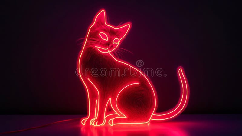 Red Neon Cat Silhouette Glowing in Dark Background Stock Illustration ...