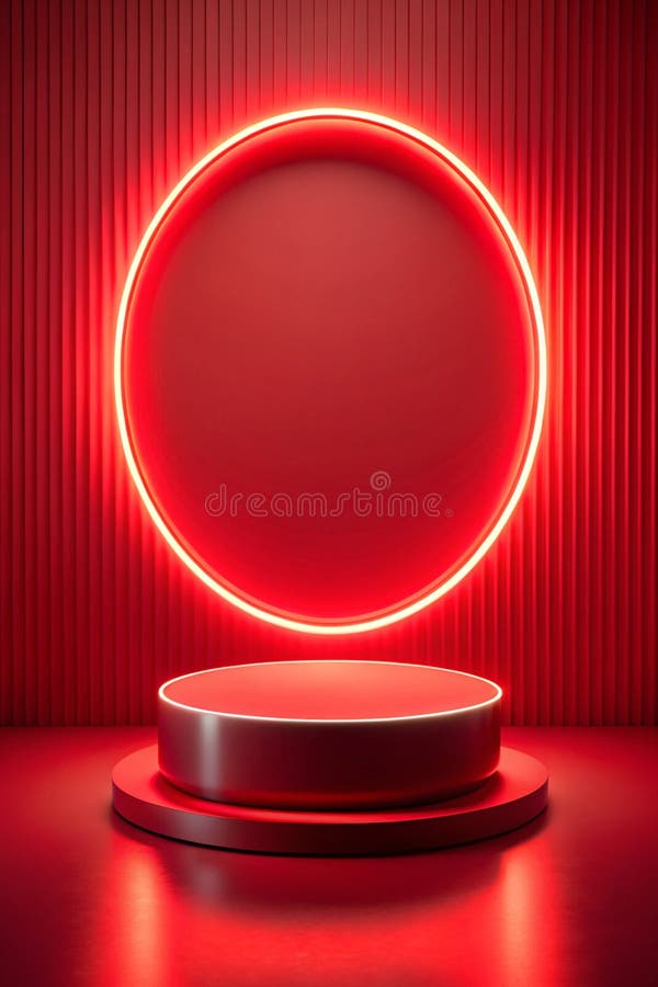 Red Neon Circle with Cylinder Platform for Product Placement Stock ...