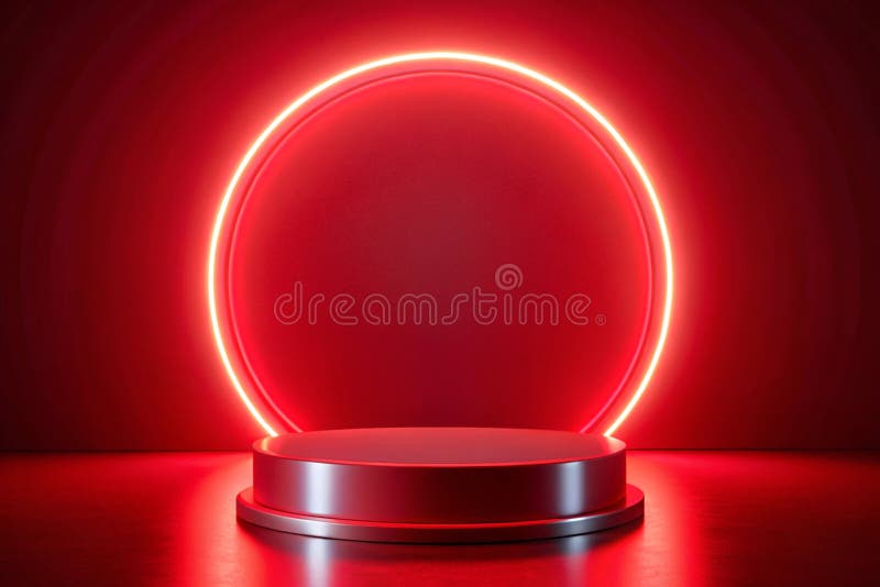Red Neon Circle with Cylinder Platform for Product Placement Stock ...