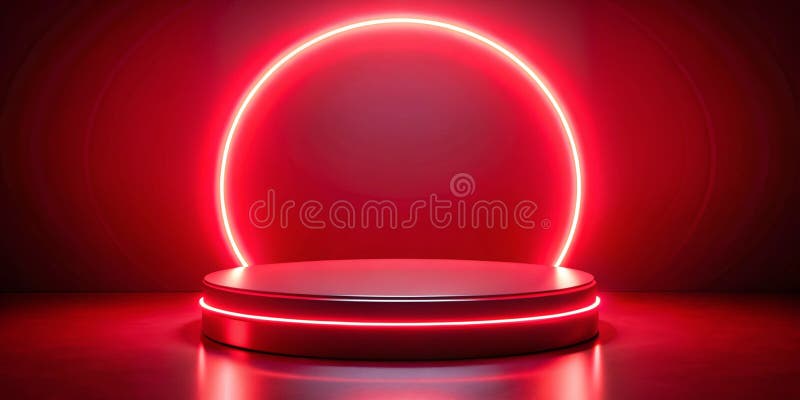 Red Neon Circle with Cylinder Platform for Product Placement Stock ...