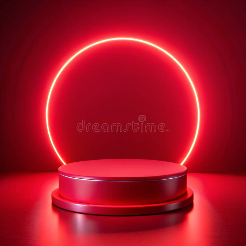 Red Neon Circle with Cylinder Platform for Product Placement Stock ...