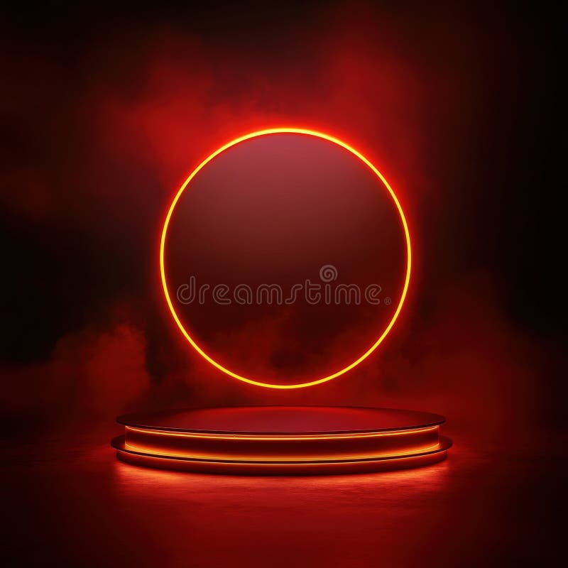Red Neon Circle and Platform: Abstract 3D Render. Stock Illustration ...