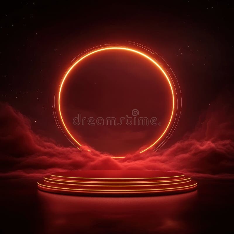 Red Neon Circle Stage with Misty Background. Stock Illustration ...